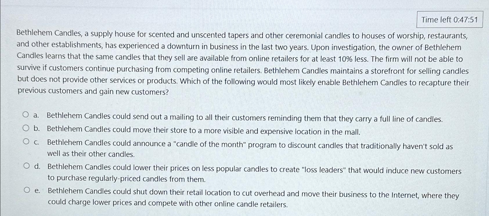 Solved Time left 0:47:51Bethlehem Candles, a supply house | Chegg.com