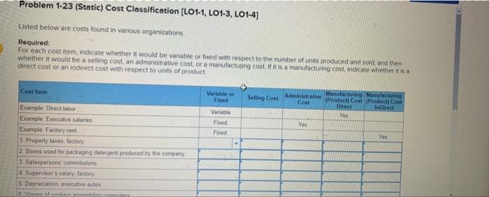 Solved Problem 1-23 (Static) Cost Classification (LO1-1, | Chegg.com