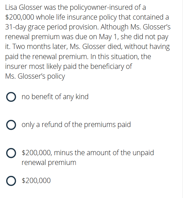 Solved Lisa Glosser was the policyowner-insured of a | Chegg.com