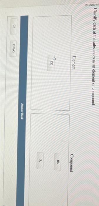 Solved Classify each of the substances as an element or | Chegg.com
