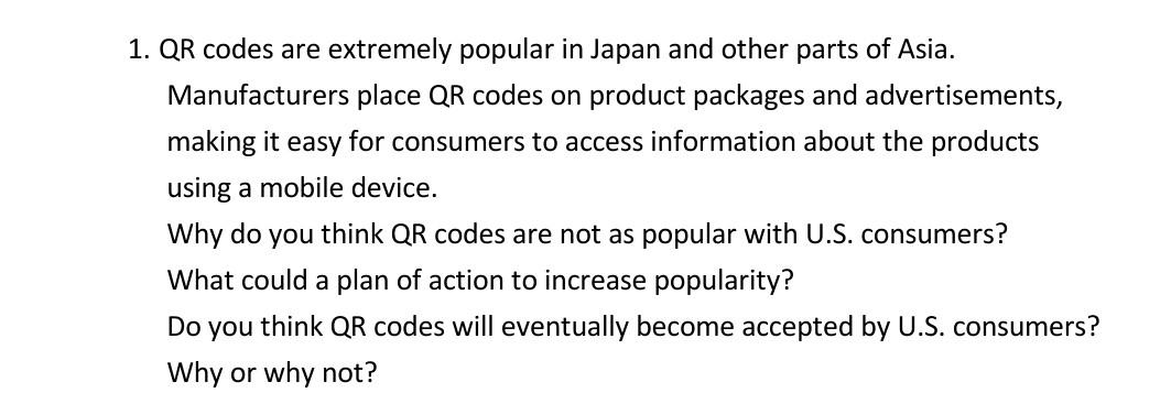 Solved 1. QR codes are extremely popular in Japan and other | Chegg.com