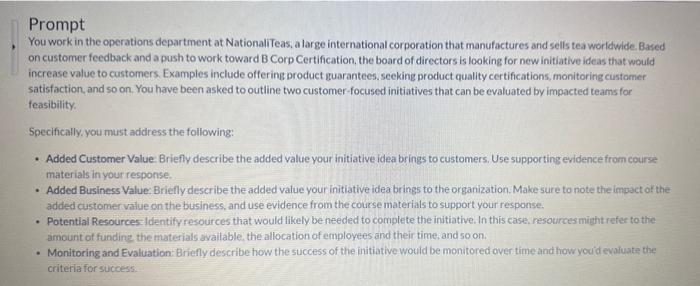 Solved Prompt You work in the operations department at | Chegg.com