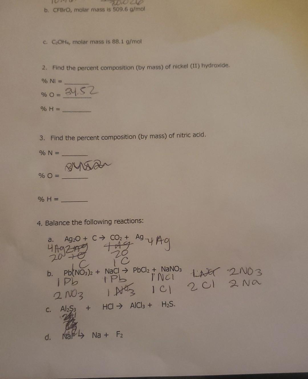 Solved b. CFBro, molar mass is 509.6 g/mol c. COH, molar | Chegg.com