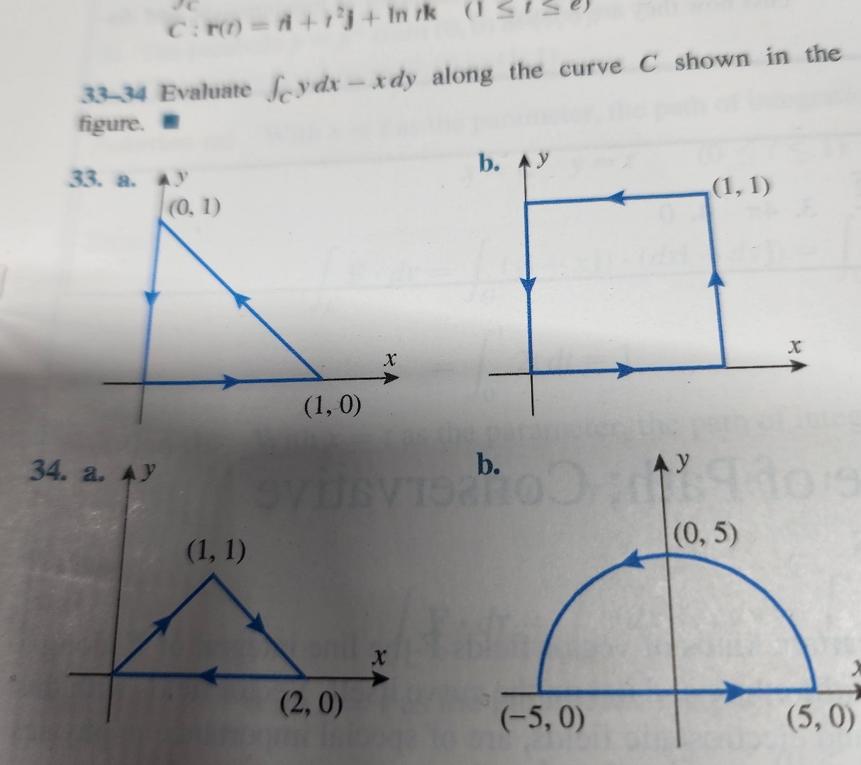 Solved C:r(t)=f+t2j+lntk33-34 ﻿Evaluate ∫C﻿ydx-xdy ﻿along | Chegg.com