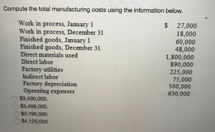 Solved Compute the total manufacturing costs using the | Chegg.com