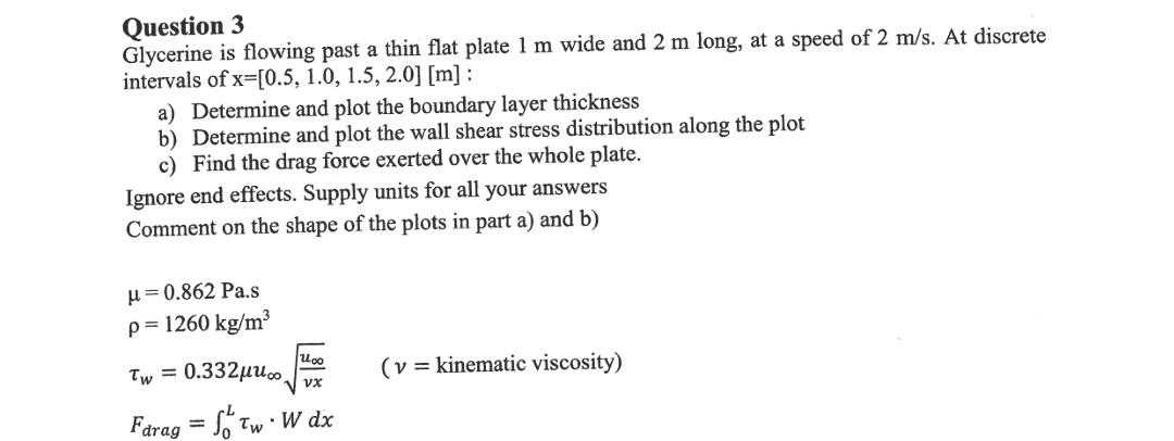 Solved Question 3 Glycerine is flowing past a thin flat | Chegg.com