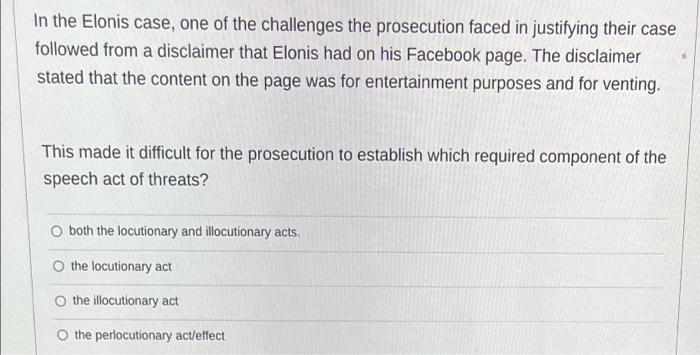 In the Elonis case, one of the challenges the | Chegg.com