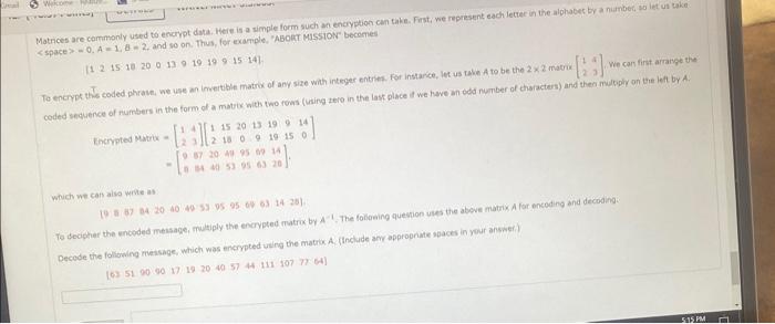 Solved Matrices are commonly used to ecicivpt data. Heie is | Chegg.com