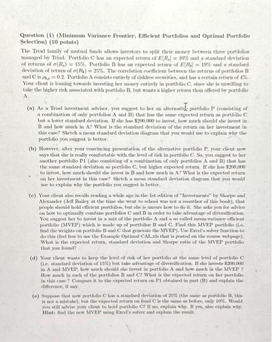 Solved Question (1) (Minimum Variance Frontier, Etficient | Chegg.com