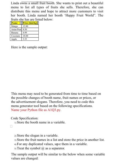 Solved Linda owns a small fruit booth. She wants to print | Chegg.com
