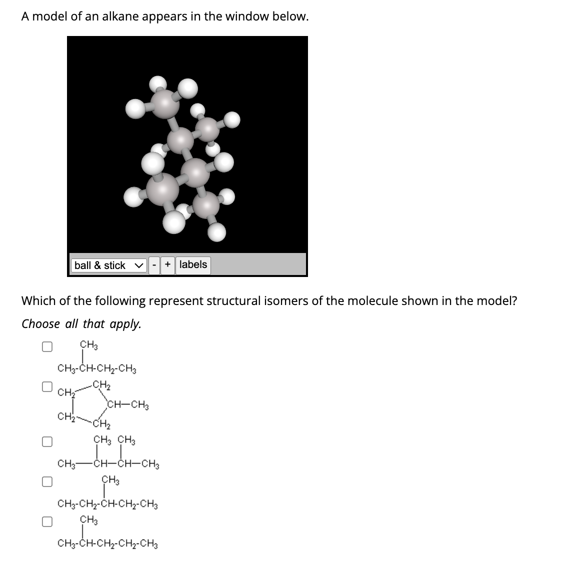 Solved A model of an alkane appears in the window | Chegg.com