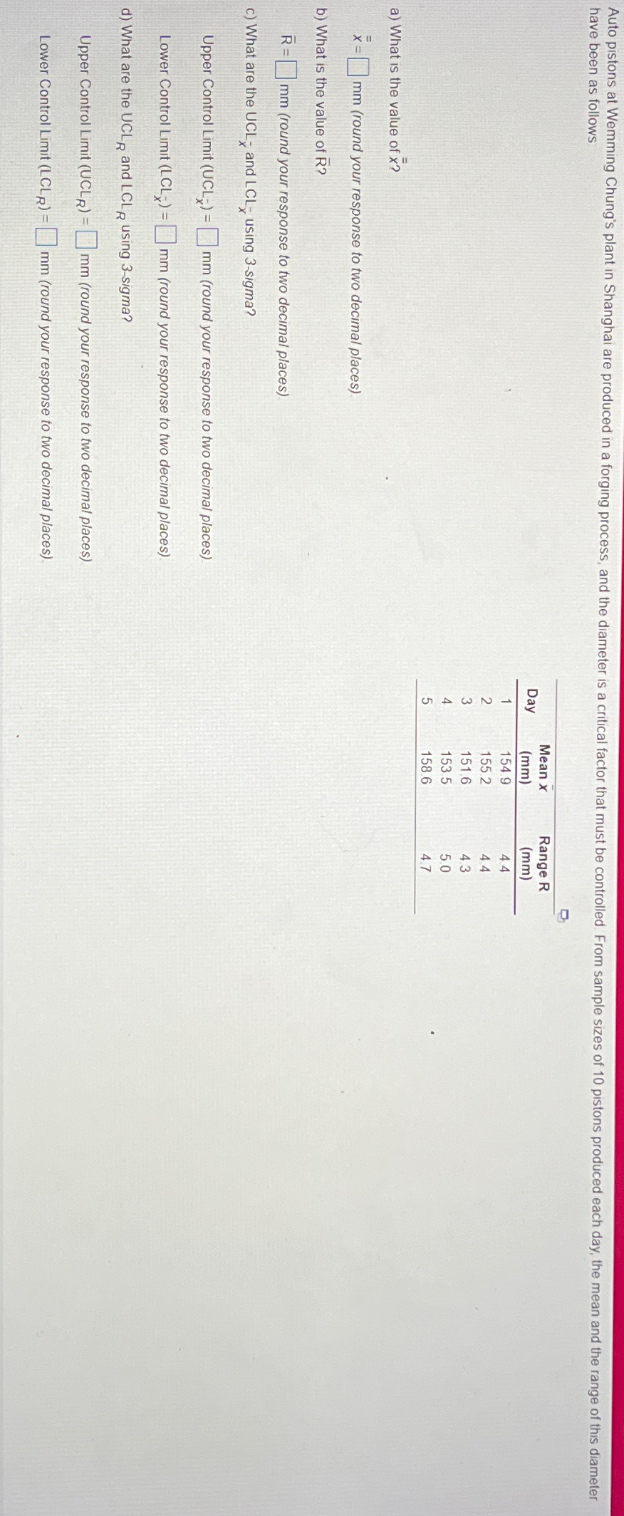 Solved have been as follows\table[[Day,\table[[Mean x‾ | Chegg.com