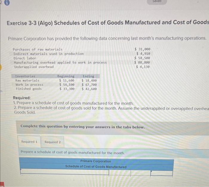 Solved Exercise 3-3 (Algo) Schedules of Cost of Goods | Chegg.com