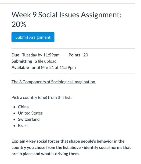 Solved Week 9 Social Issues Assignment: 20% Due Tuesday by | Chegg.com