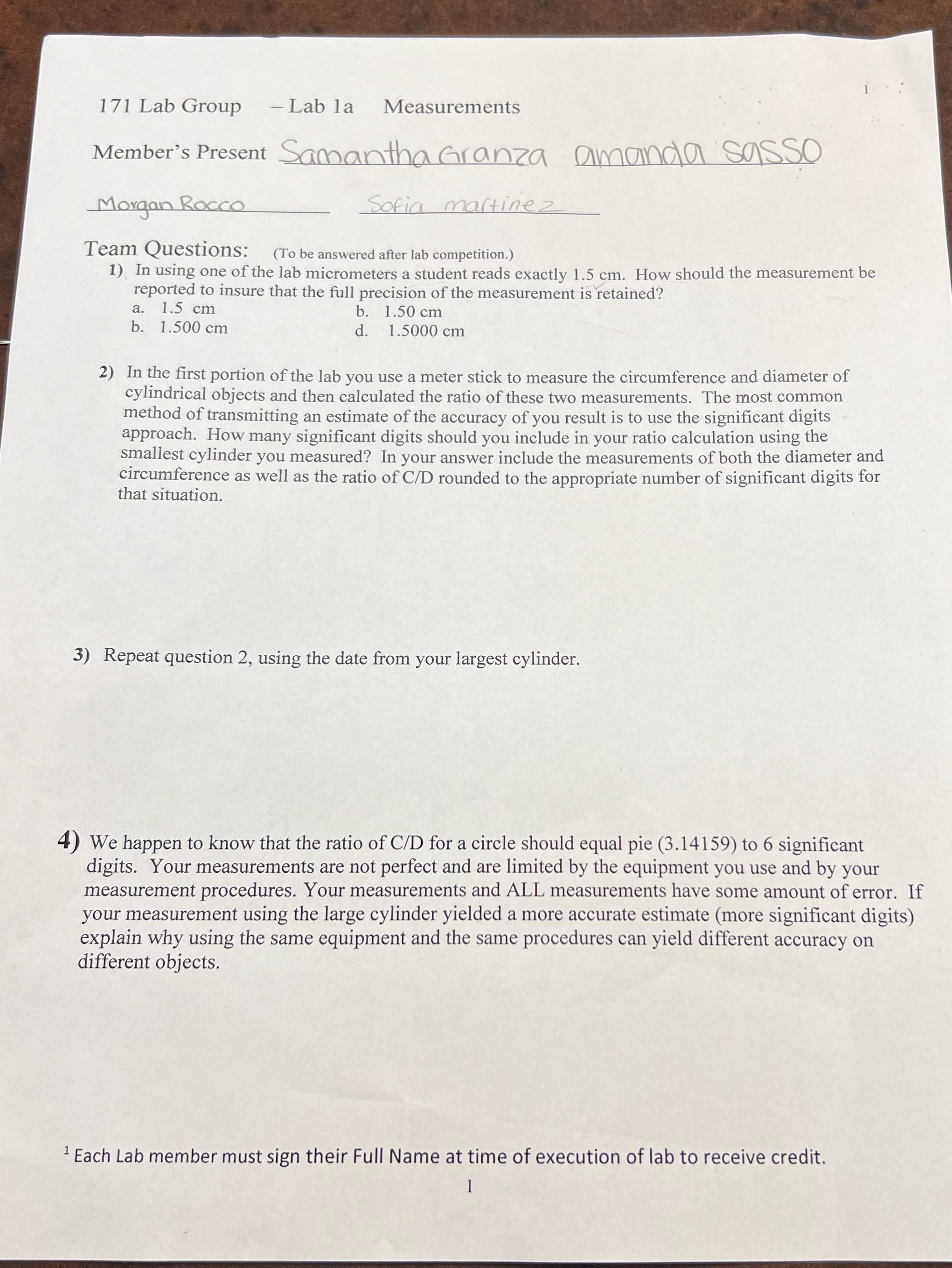 Solved 171 ﻿Lab Group - ﻿Lab 1a MeasurementsMember's | Chegg.com