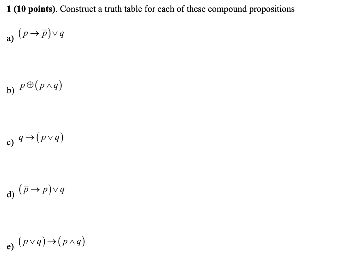 Solved 1 (10 ﻿points). ﻿Construct a truth table for each of | Chegg.com