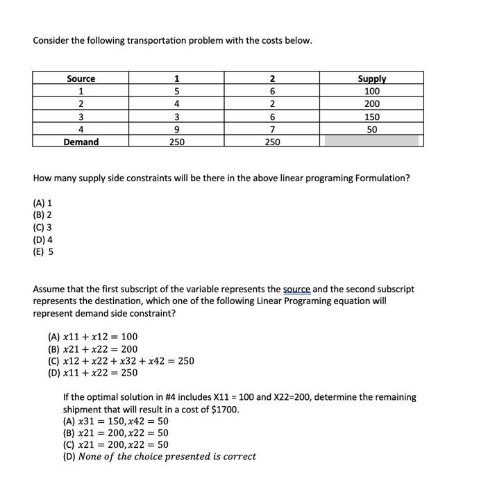 Solved Consider the following transportation problem with | Chegg.com