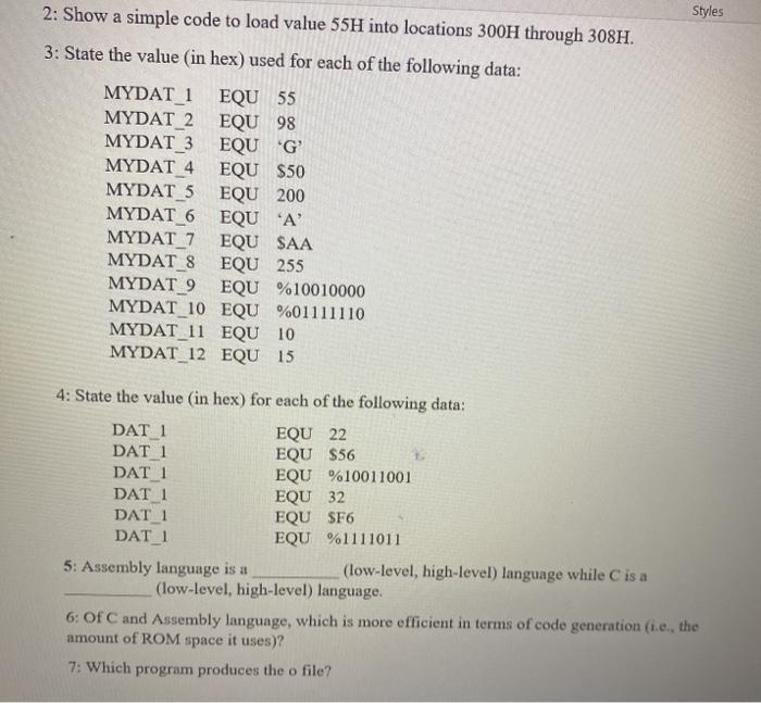 Solved Styles 2: Show a simple code to load value 55H into | Chegg.com