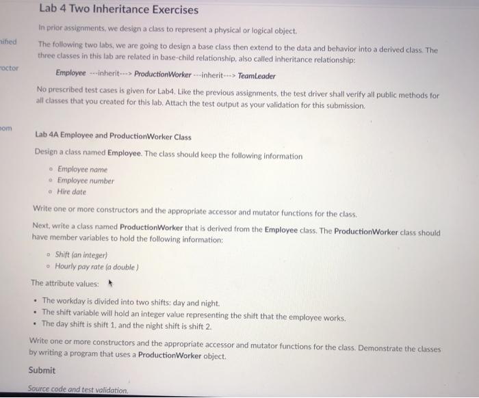 Solved ined Lab 4 Two Inheritance Exercises In prior | Chegg.com