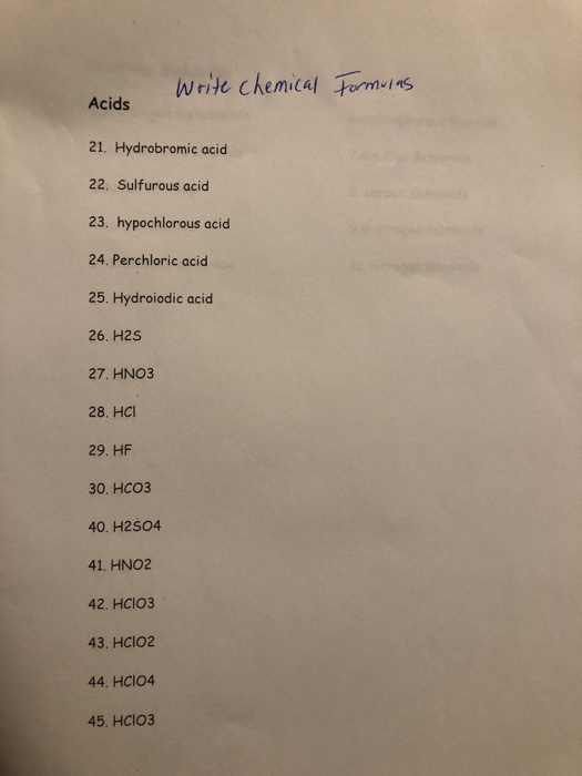 Solved write chemical Formulas Acids 21. Hydrobromic acid | Chegg.com