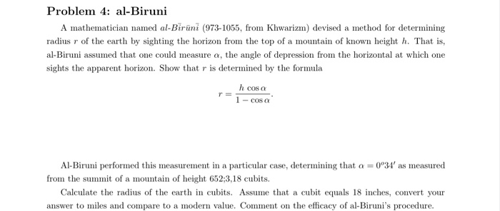 Solved Problem 4: al-Biruni A mathematician named al-Biruni | Chegg.com