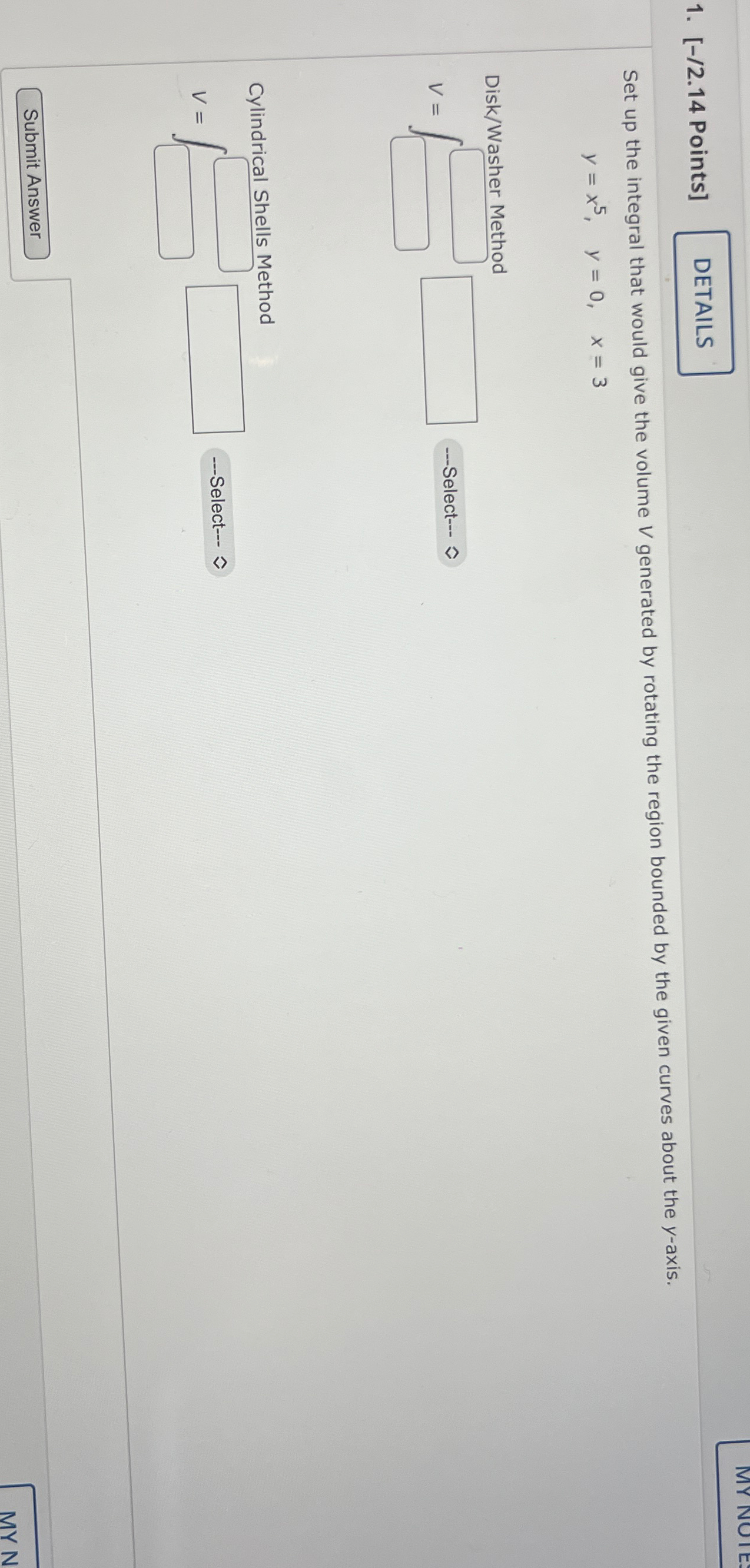 Solved Points]Set up the integral that would give the volume | Chegg.com