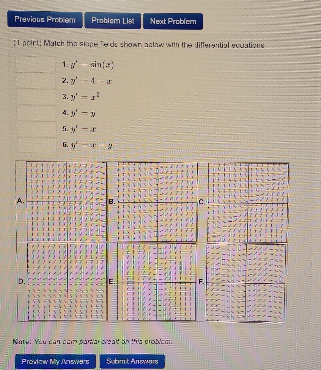 Solved (1 point) Match the slope fields shown below with the | Chegg.com
