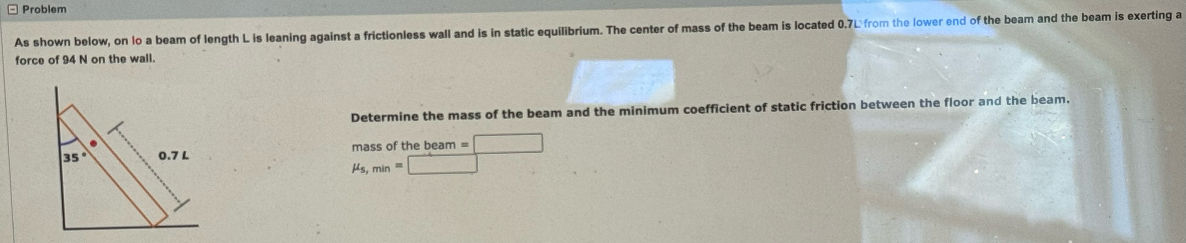 Solved Problem force of 94N ﻿on the wall.Determine the mass | Chegg.com