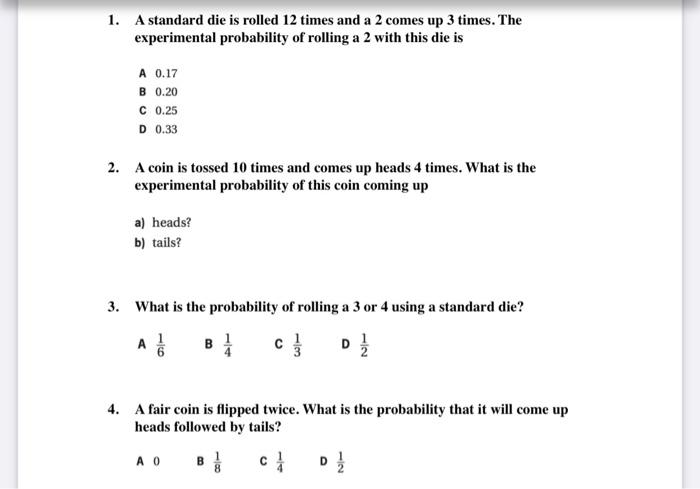 Solved 1. A standard die is rolled 12 times and a 2 comes up | Chegg.com