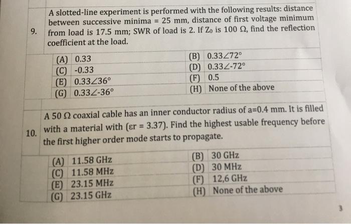 Solved 9. A slotted-line experiment is performed with the | Chegg.com