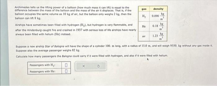 Solved Archimedes tells us the lifting power of a balloon | Chegg.com