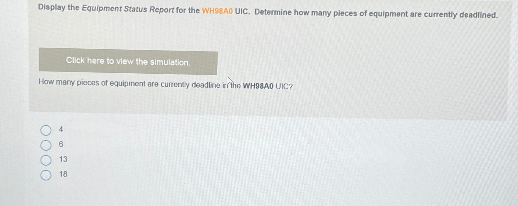 Solved Display the Equipment Status Report for the WH98AO | Chegg.com