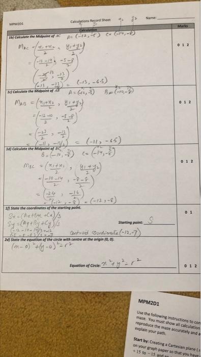 Solved MPM2D1 MATH MAZE Assignment Name: Use the following | Chegg.com