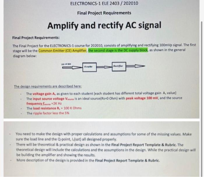 Solved ELECTRONICS-1 ELE 2403 / 202010 Final Project | Chegg.com