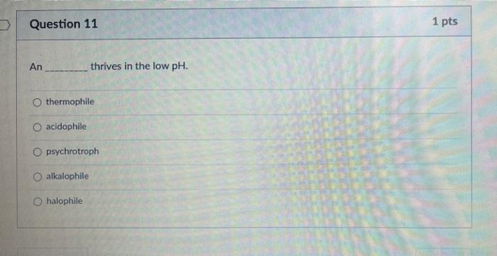 Solved Question 11 1 pts An thrives in the low pH. | Chegg.com