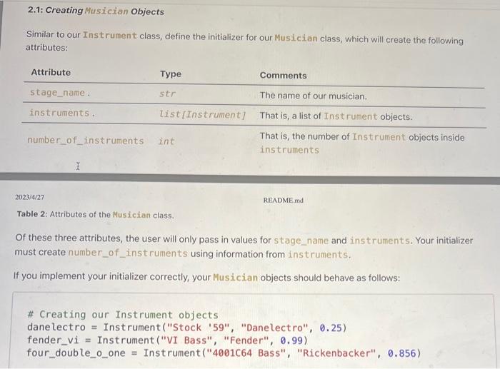 Solved 2.1: Creating Musician Objects Similar to our Inst | Chegg.com