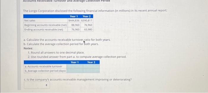 Solved Accounts Receivable Turnover and Average Collection | Chegg.com