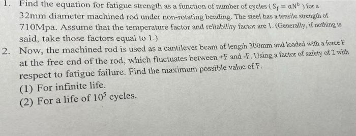 Solved 1. Find the equation for fatigue strength as a | Chegg.com