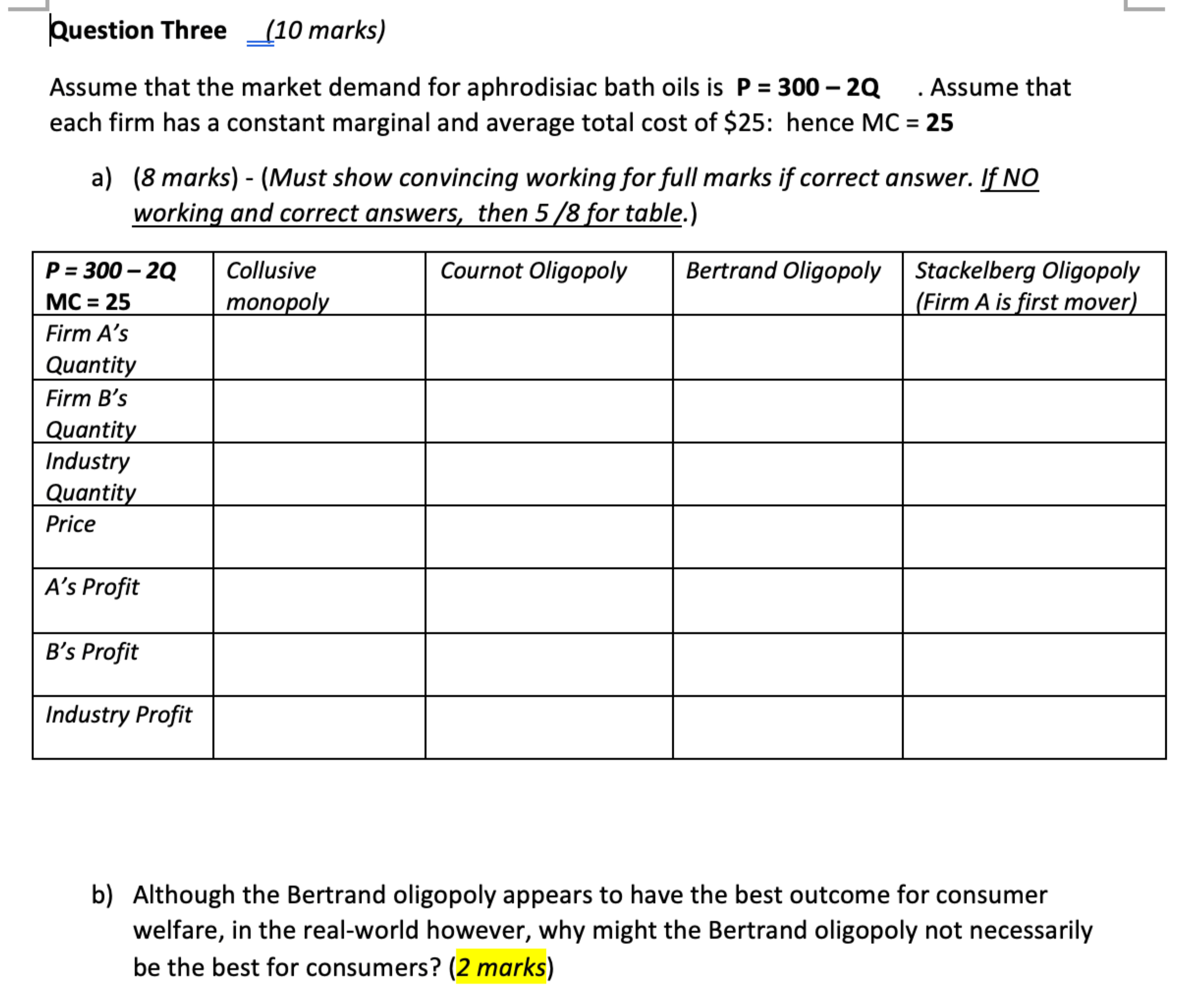 Solved Question Three (10 ﻿marks)Assume that the market | Chegg.com