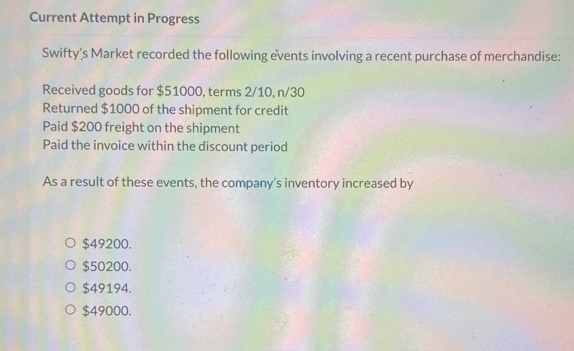 Solved Current Attempt in ProgressSwifty's Market recorded | Chegg.com