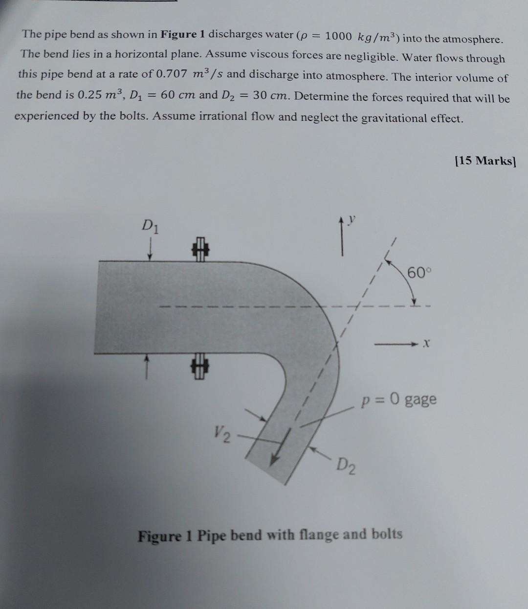 Solved The pipe bend as shown in Figure 1 discharges water | Chegg.com