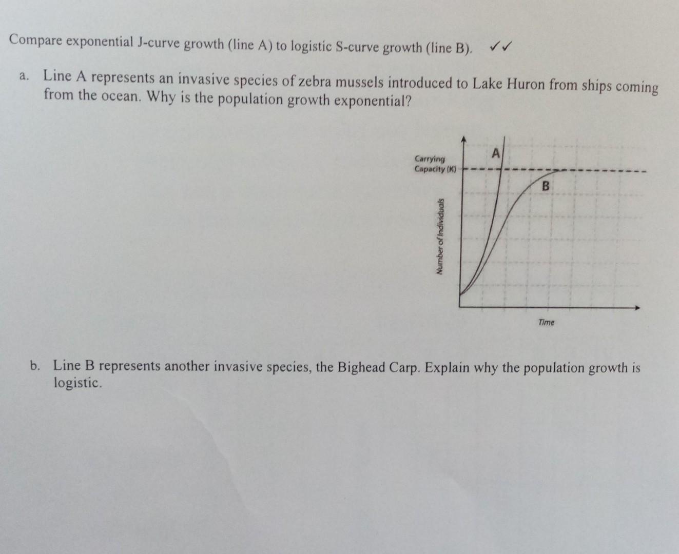Solved Compare exponential J-curve growth (line A) to | Chegg.com