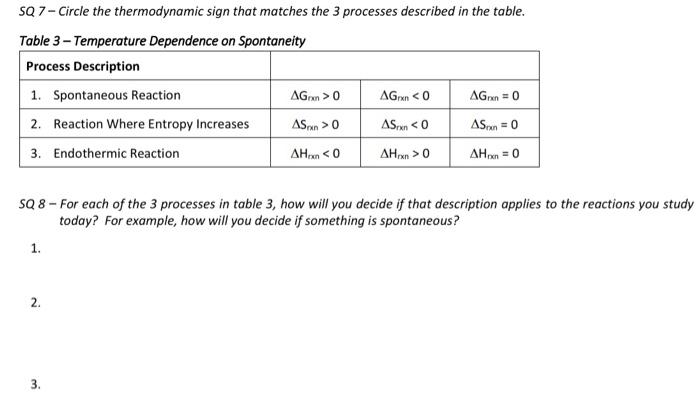 Solved SQ 7 - Circle the thermodynamic sign that matches the | Chegg.com