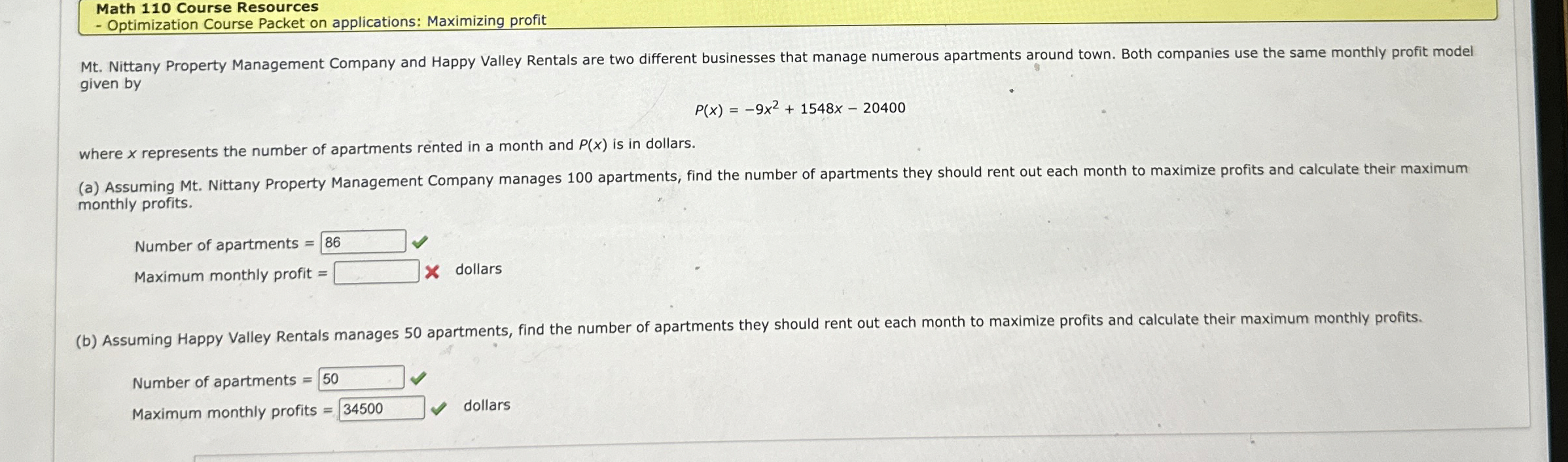 Solved Math 110 ﻿Course ResourcesOptimization Course Packet | Chegg.com