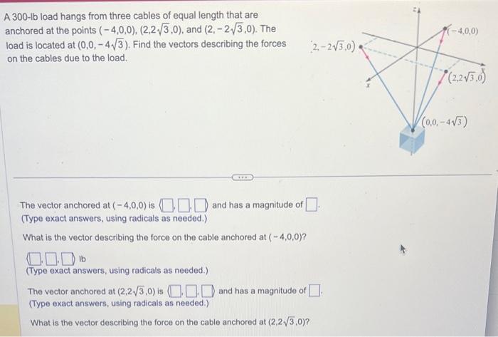 Solved A 300−1 b load hangs from three cables of equal | Chegg.com