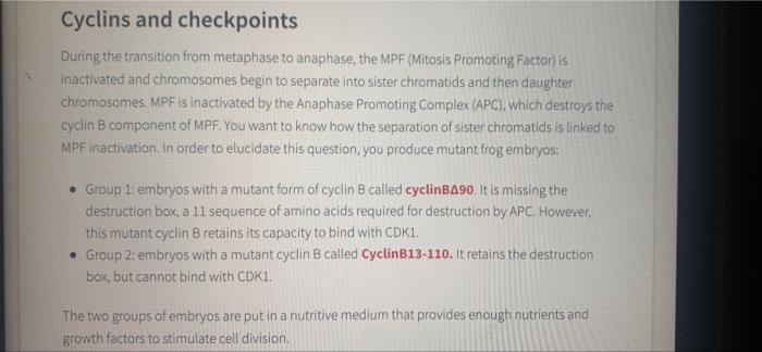Solved Cyclins and checkpoints During the transition from | Chegg.com