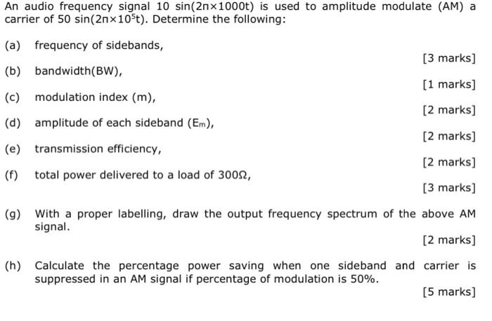 Solved An audio frequency signal 10sin(2Π×1000t) is used to | Chegg.com