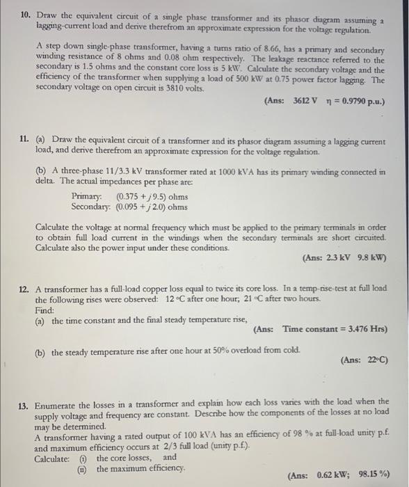 Solved 10. Draw the equivalent circuit of a single phase | Chegg.com
