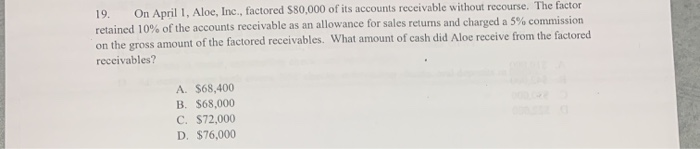 Solved 19. On April 1, Aloe, Inc., factored $80,000 of its | Chegg.com