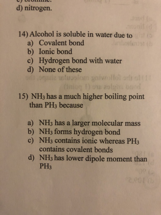 Solved UUMIC. d) nitrogen. 14) Alcohol is soluble in water | Chegg.com